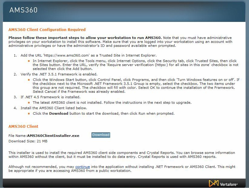 Error message “AMS360 client not installed” when using the browser to ...